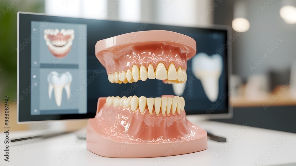 A dental model showing teeth in front of a computer screen with dental ...