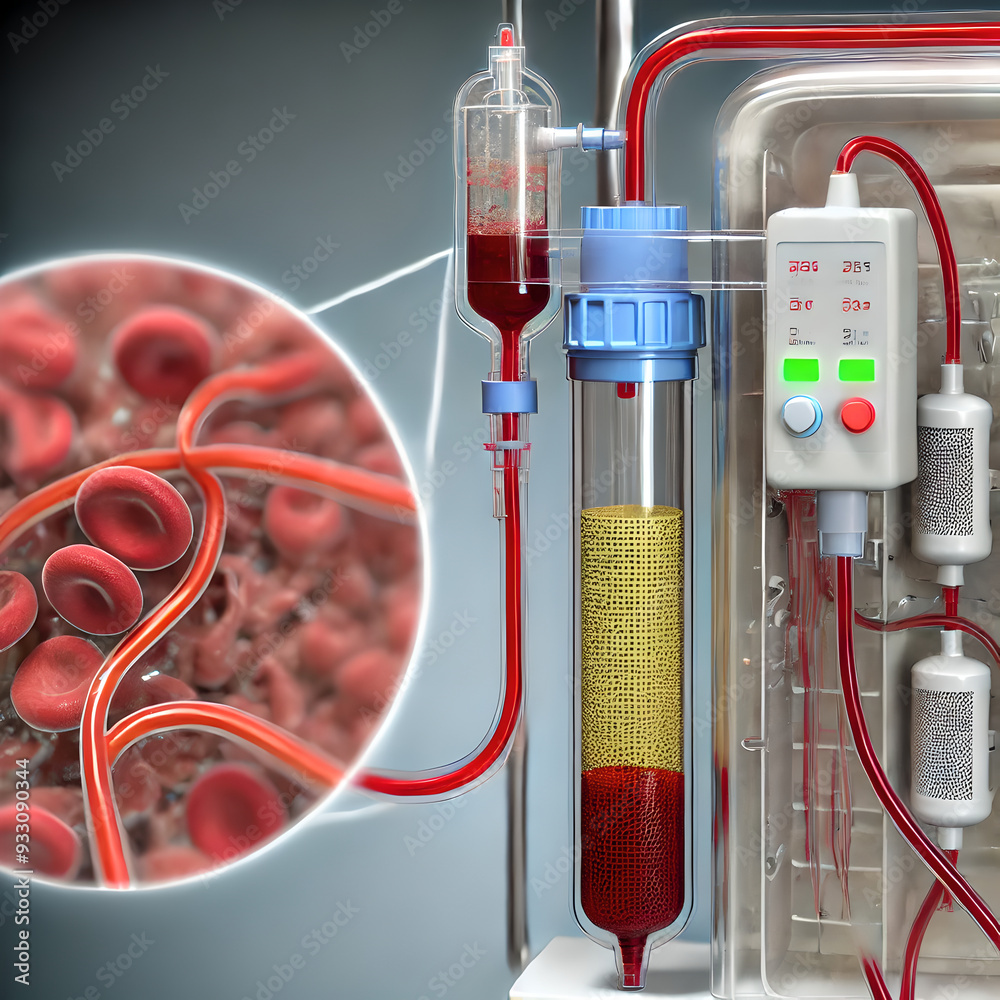 A detailed of a dialysis machine connected to a patient undergoing ...