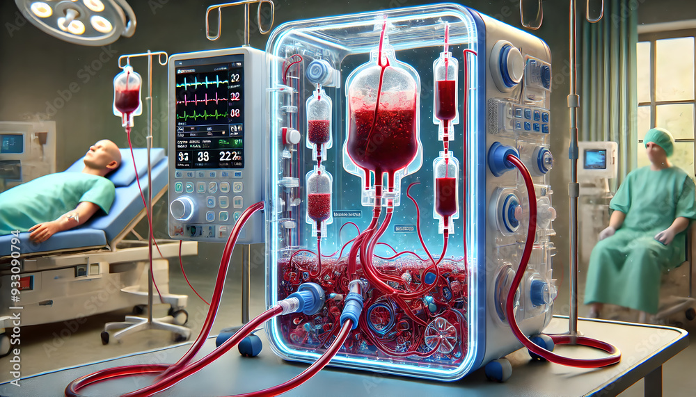 A detailed of a dialysis machine connected to a patient undergoing ...