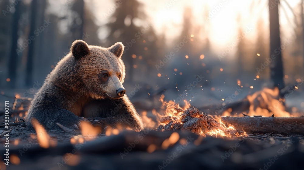 Dramatic scene of a bear navigating through a forest consumed by flames ...