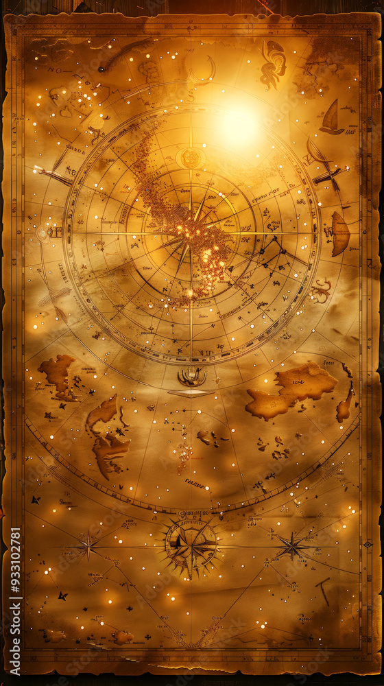 Celestial map with golden glow, depicting stars and constellations ...