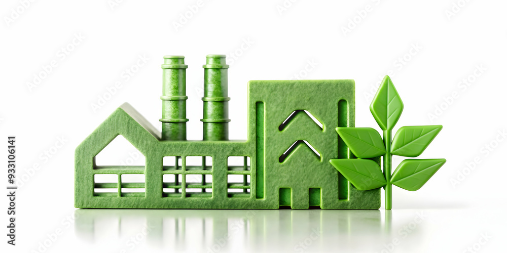 3d Flat icon as Green technology symbol and a factory symbolizing innovation in green industry ...