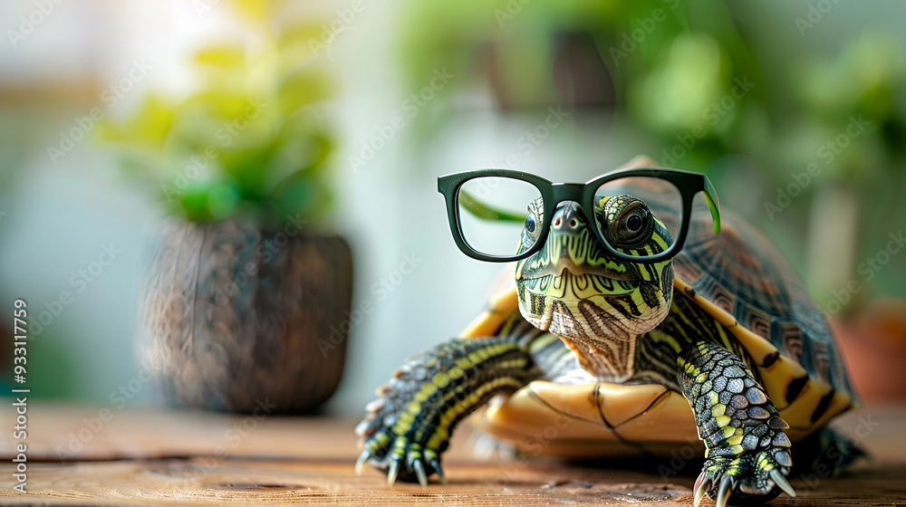 Cute little green turtle with glasses ,turtle with glasses on a dark ...
