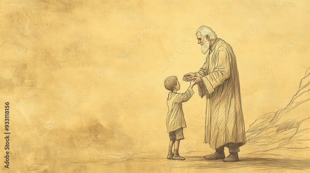 Biblical Illustration of an Aged David Holding the Hand of a Child ...