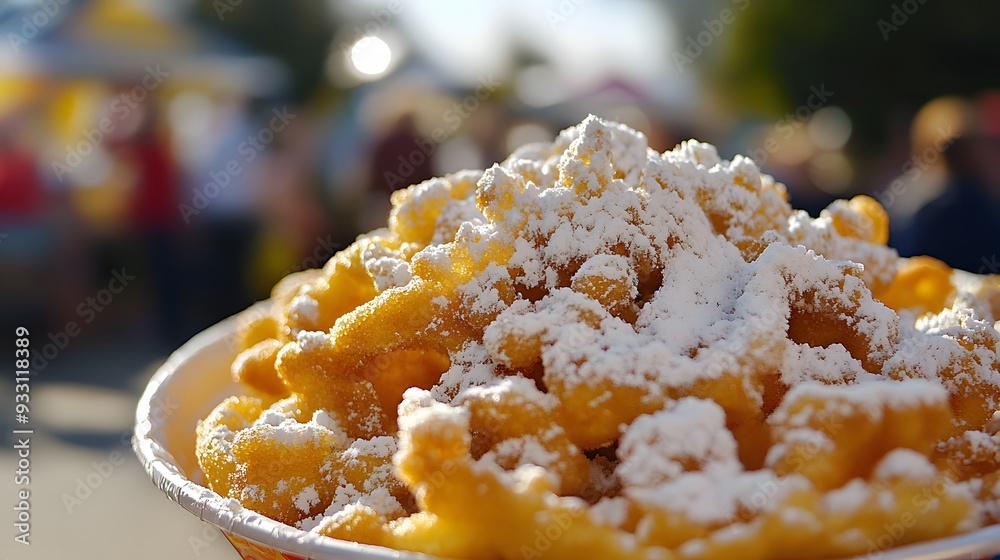 Close-up of a freshly made funnel cake, detailed texture with powdered ...