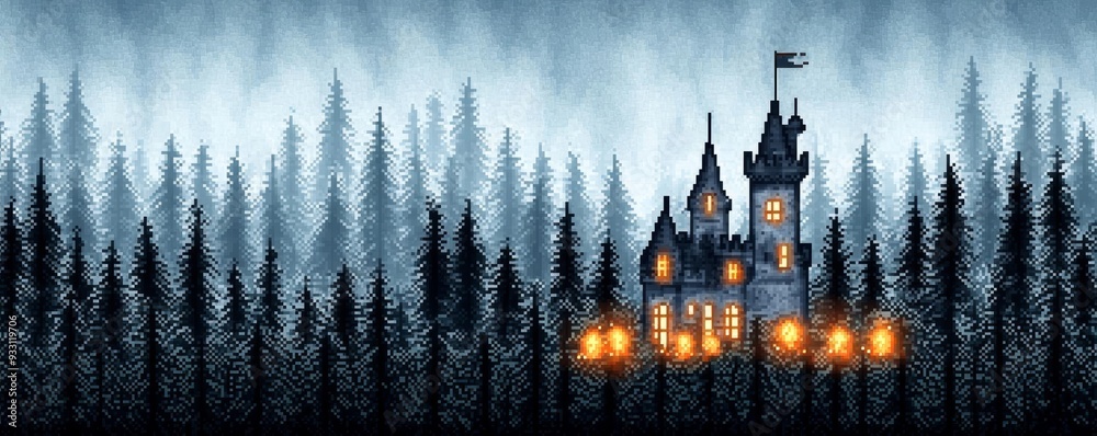 Retro pixel art depicting a castle at the edge of a dense, enchanted ...