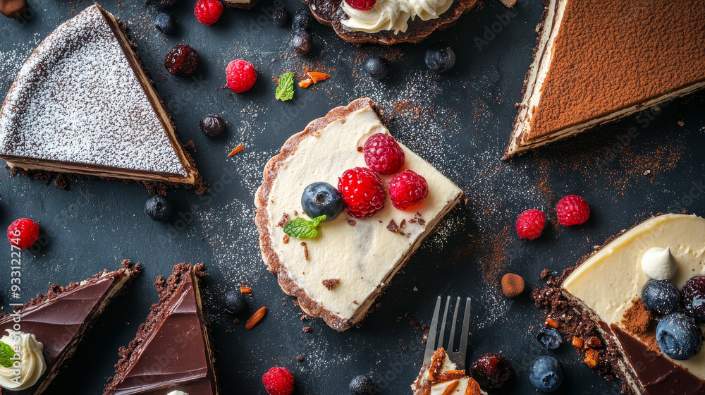 "Top view of an assortment of cake pieces on a messy table, with ample ...