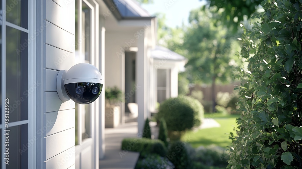 A residential front porch with a modern CCTV camera monitoring the ...