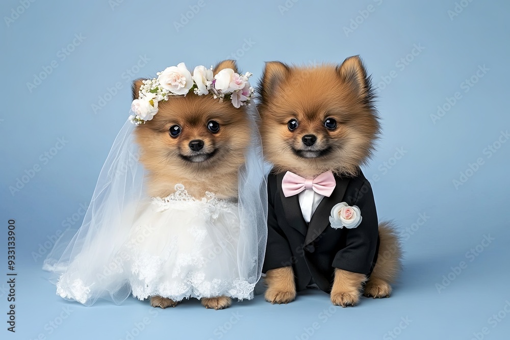 Two dogs dressed in wedding attire sit next to each other Stock Photo ...
