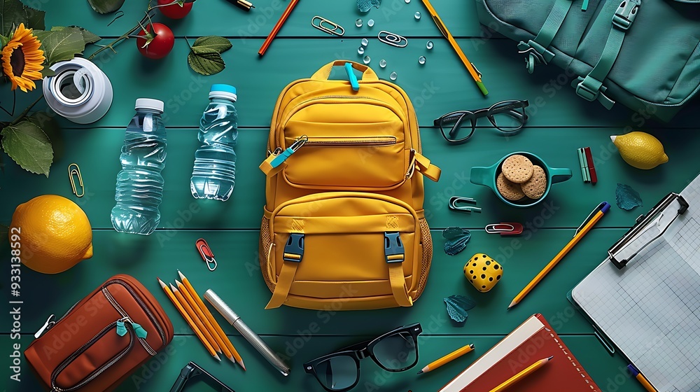 A top-down view of an open backpack on a desk, with essentials like a ...