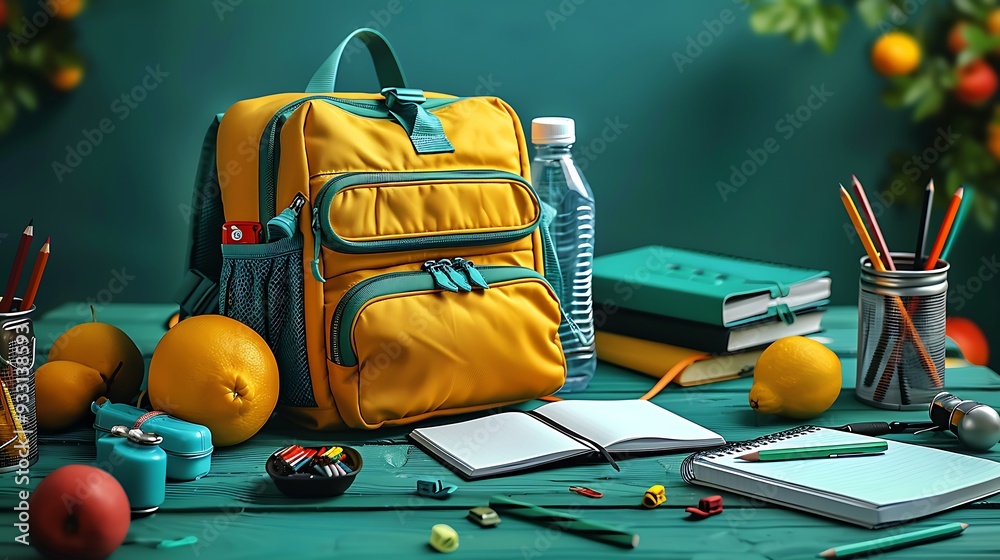 A top-down view of an open backpack on a desk, with essentials like a ...