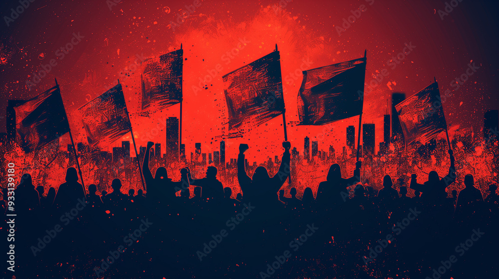 Silhouette of a huge crowd raising banners and fists, social movements ...