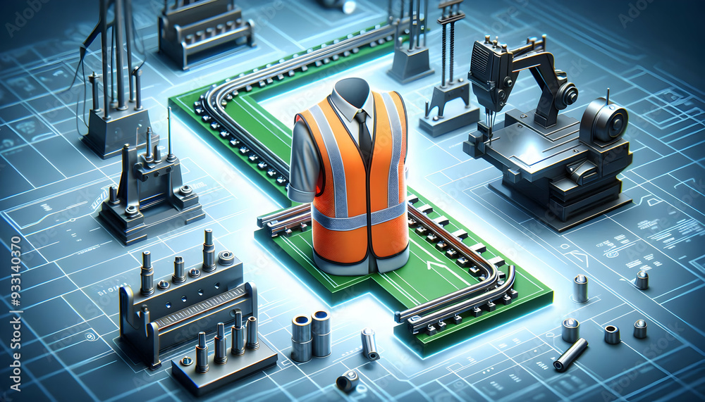 Photo Realistic as Safety vest and assembly line concept as A safety ...