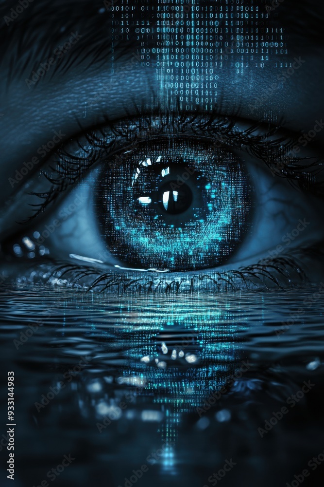 Digital eye with binary code reflecting on water surface, representing ...
