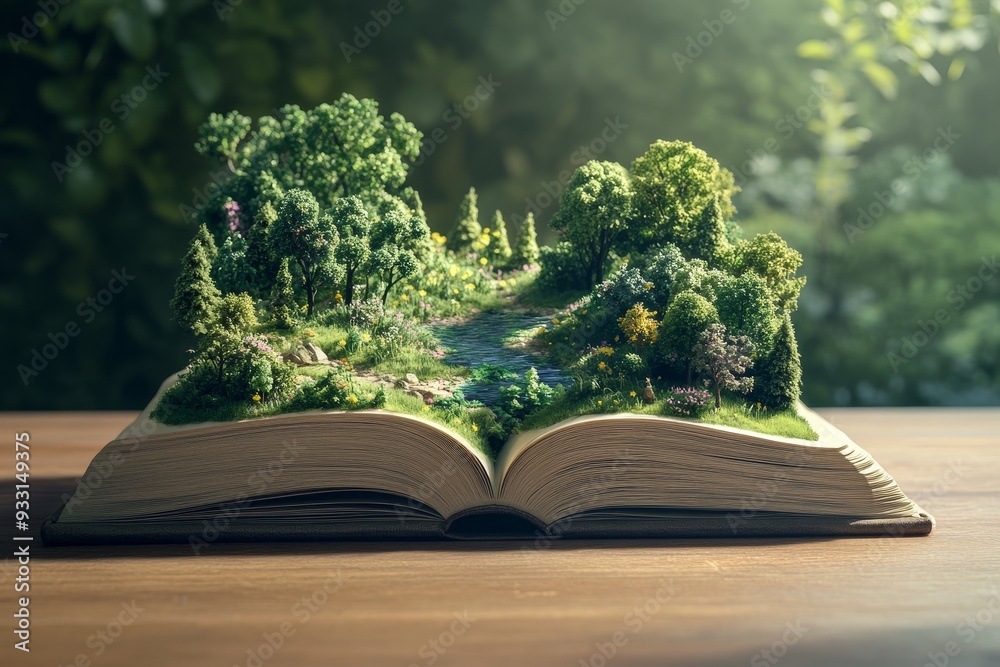 Storybook with a 3D scene of a cottage and forest emerging from the ...