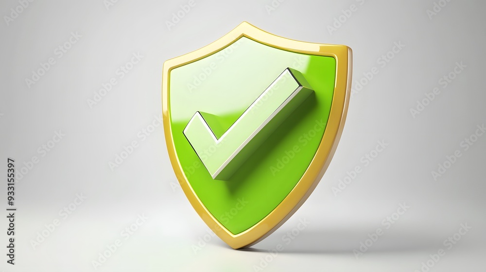 cartoon 3d Icon safety shield green check mark perspective . yellow ...