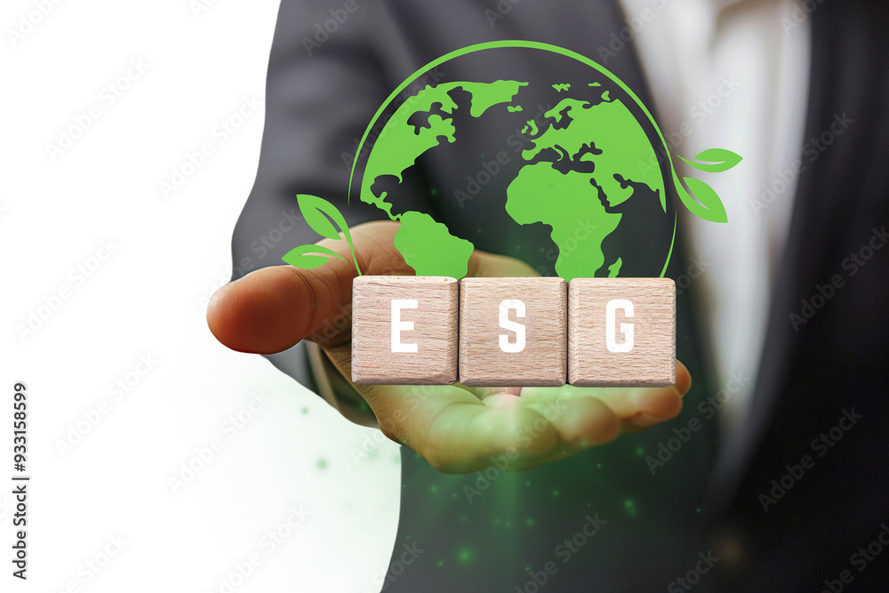 ESG - Sustainable Business Practices. A businessman presents ESG ...