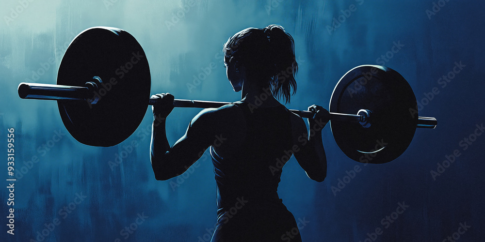 A silhouette of an athletic woman lifting weights, her form highlighted ...