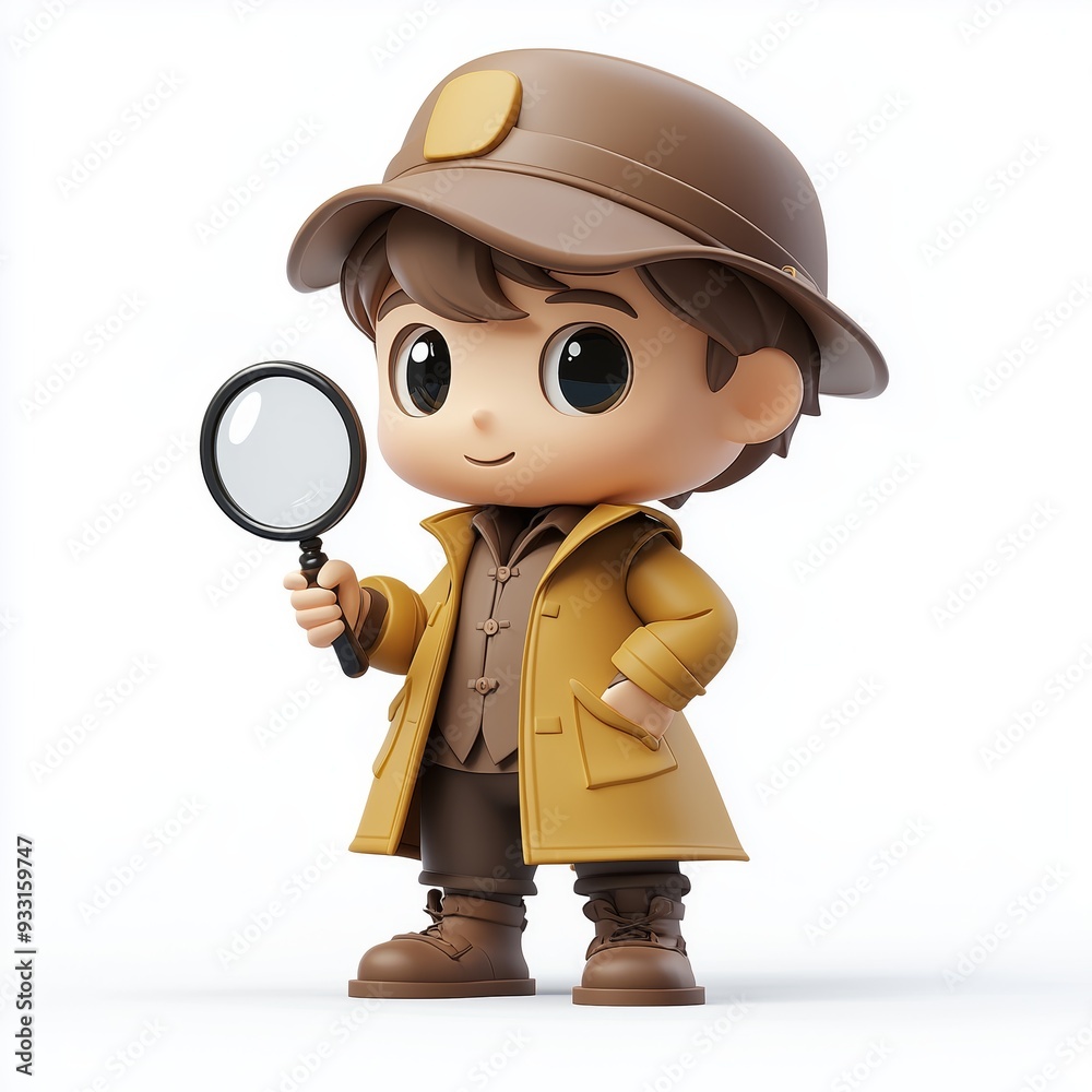 An adorable detective character in a yellow coat and brown hat, holding ...