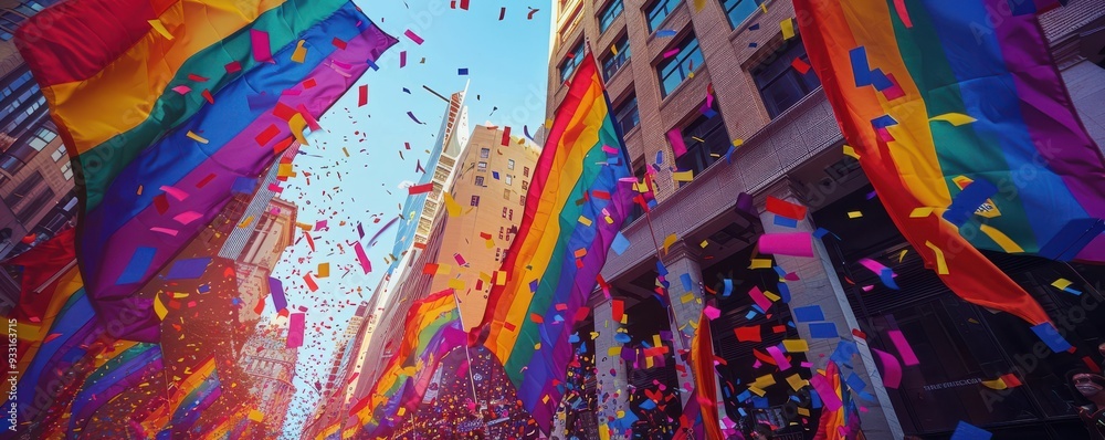 Rainbow flags and confetti at an LGBTQ+ celebration under a bright blue ...