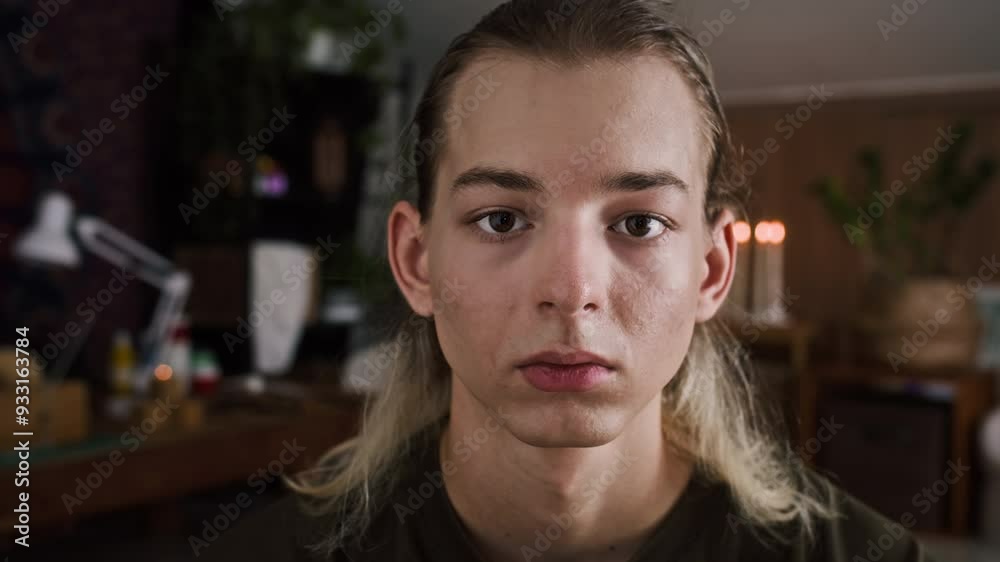 Close up portrait of Caucasian gen Z guy with long blonde hair looking ...