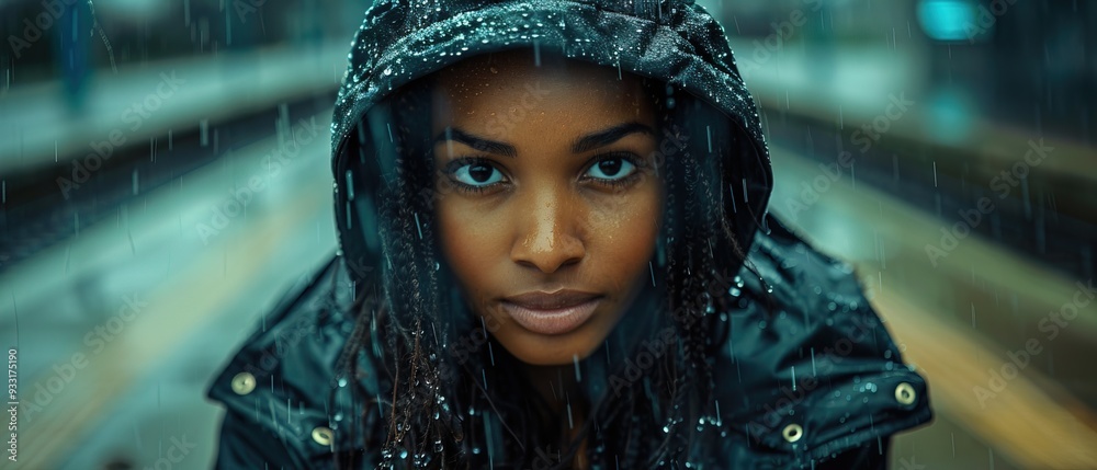 Homeless black woman wearing coat with hood sitting in a railway ...