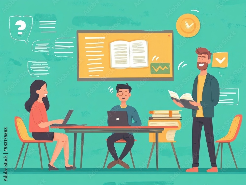 of a language learning scene with a teacher explaining grammar rules to ...