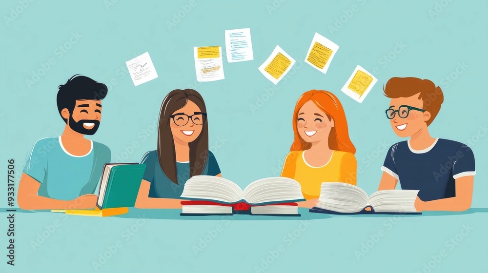 of a group study session for language learning with classmates in a ...