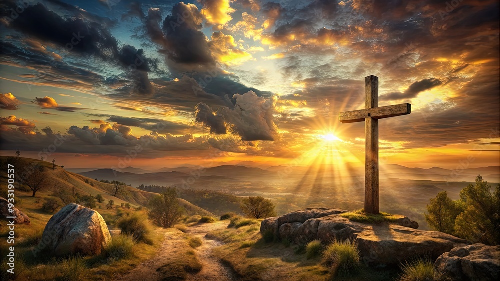 A dramatic, golden-lit depiction of the Crucifixion scene, featuring a ...