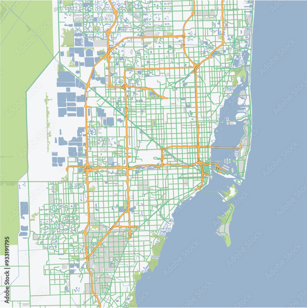 Road map of Miami in Florida. Contains layered vector with roads water ...