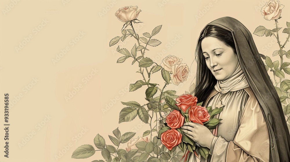 Saint Therese of Lisieux praying with a bouquet of roses, reflecting ...