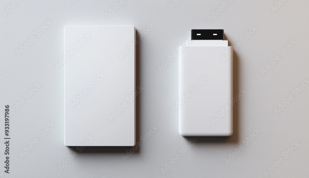 Mock up for a blank white wafer USB card, opened and closed, with ...