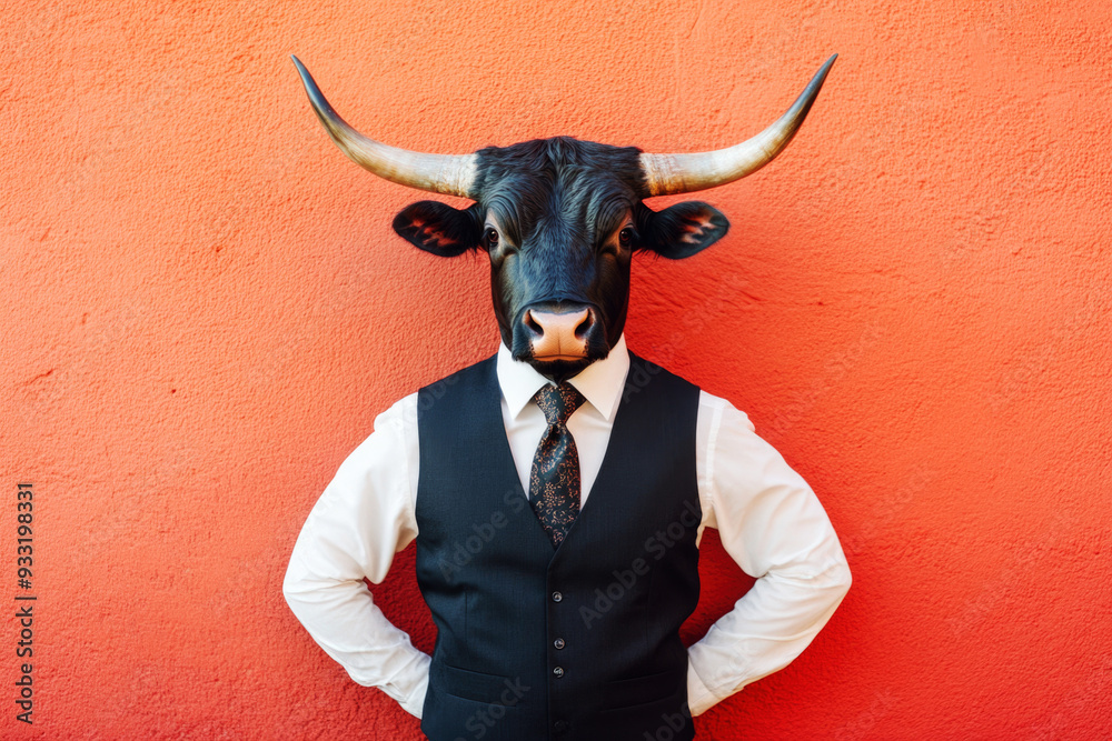 This image shows a bull-headed person standing against a red background ...
