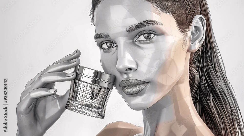 Ultra-sharp 3D shading drawing of a model holding a luxurious cosmetic ...