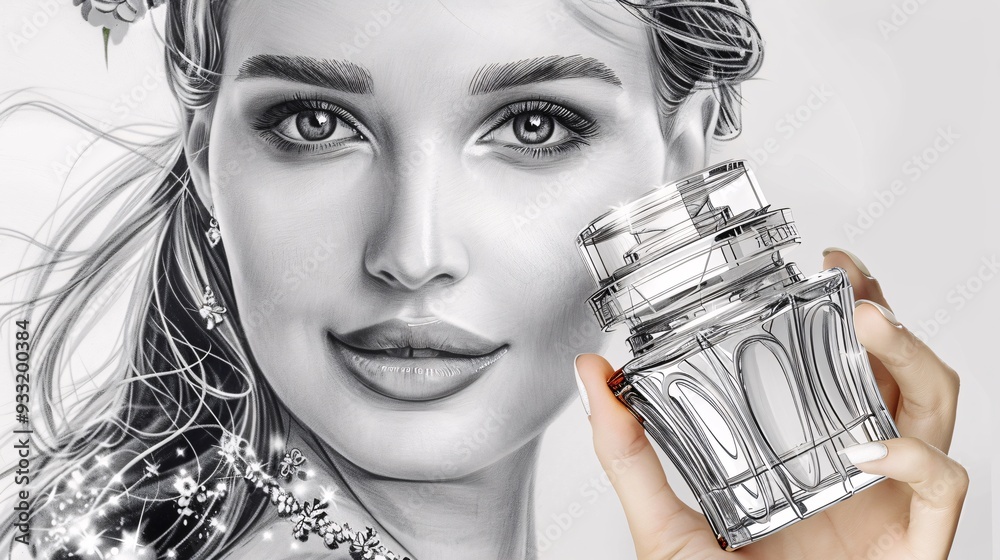 Ultra-sharp 3D shading drawing of a model holding a luxurious cosmetic ...