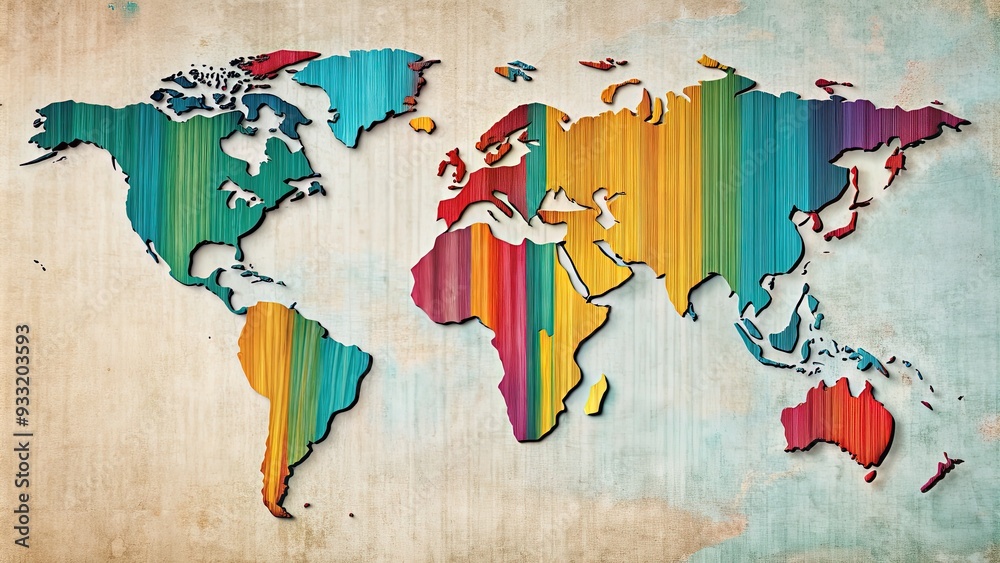 A minimalist and colorful world map with bold lines and soft textures ...