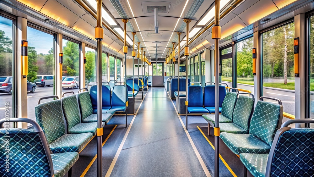 Sparkling clean modern bus or tram interior with shiny floors and ...