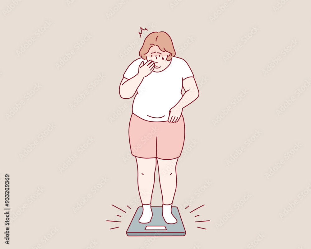 Overweight and Obese people concept. Fat obese sad woman standing on ...