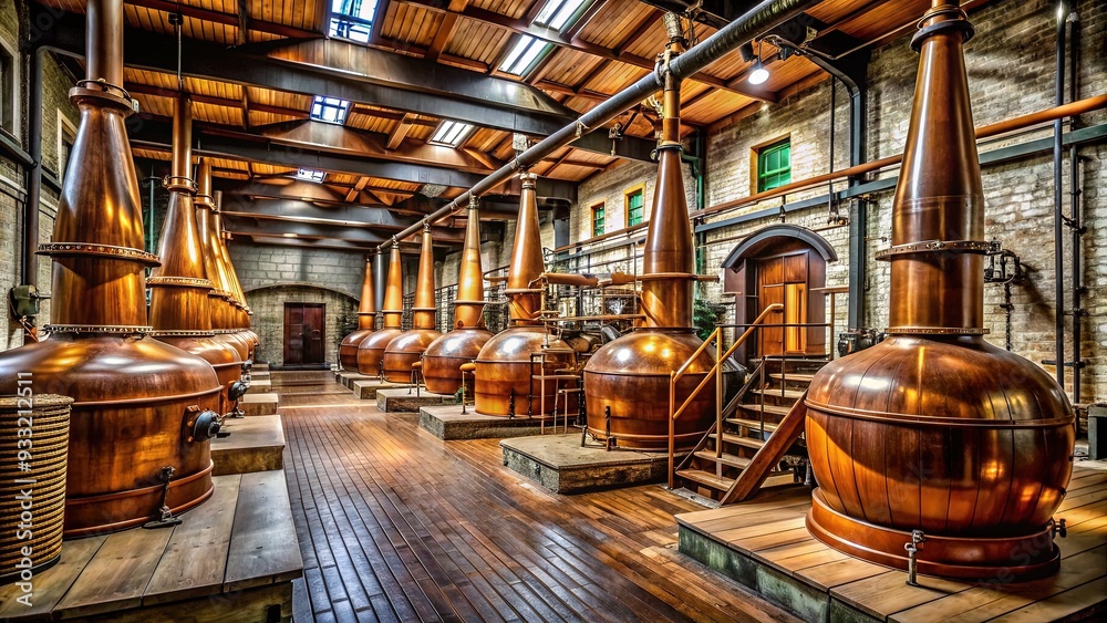 Rusted copper stills and oak barrels line the walls of a traditional ...