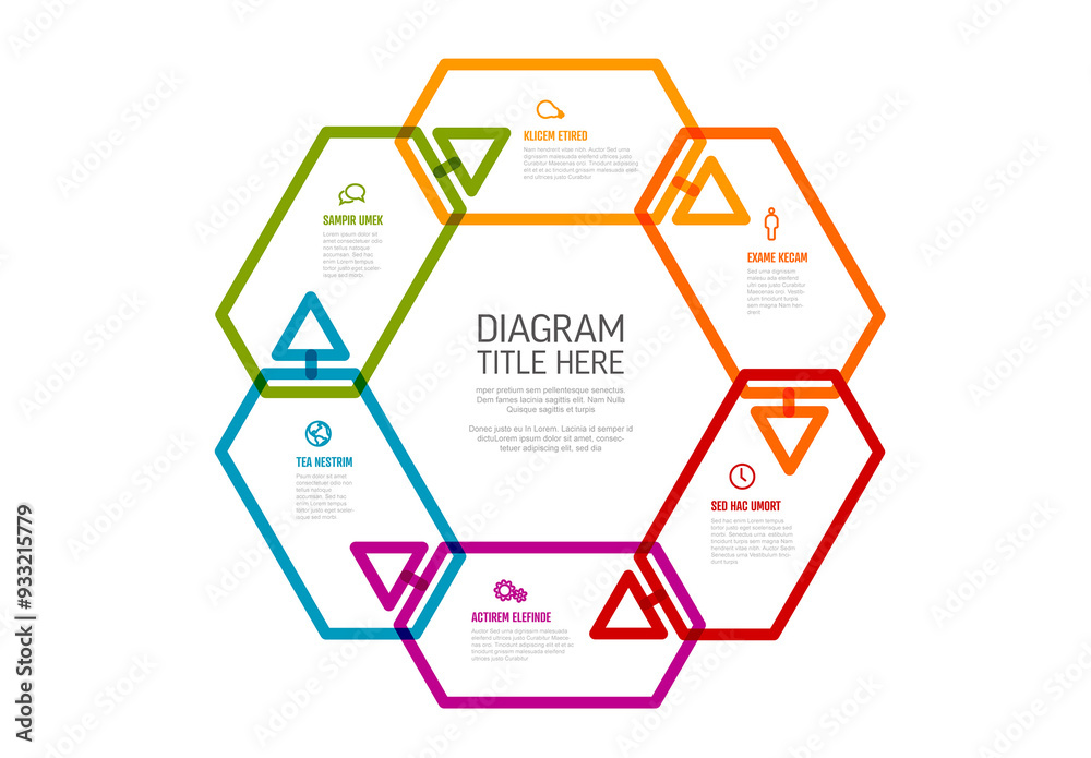Thick line cycle infographic template made from six color hexagons with ...