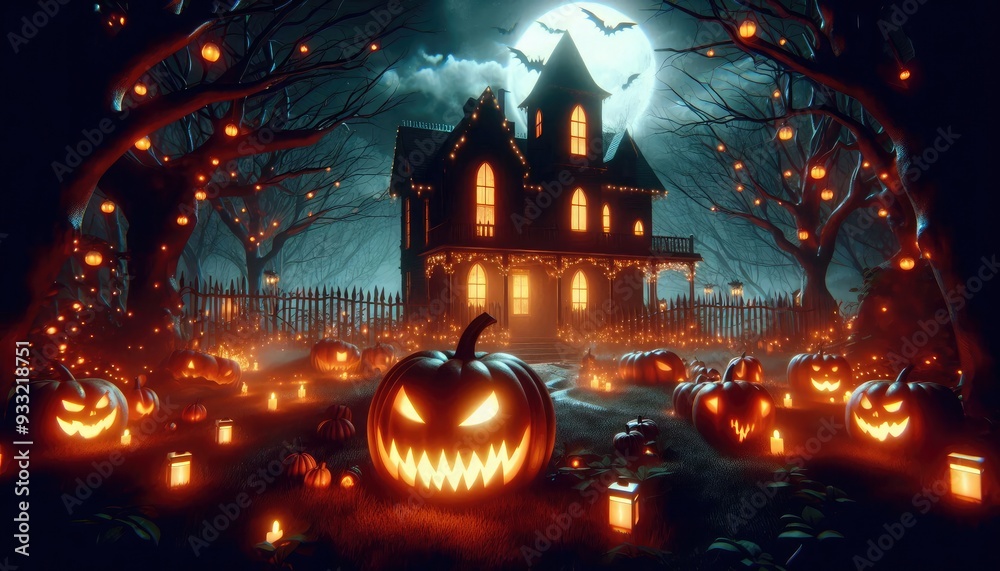 Halloween night 3D render featuring a sinister haunted house with eerie ...
