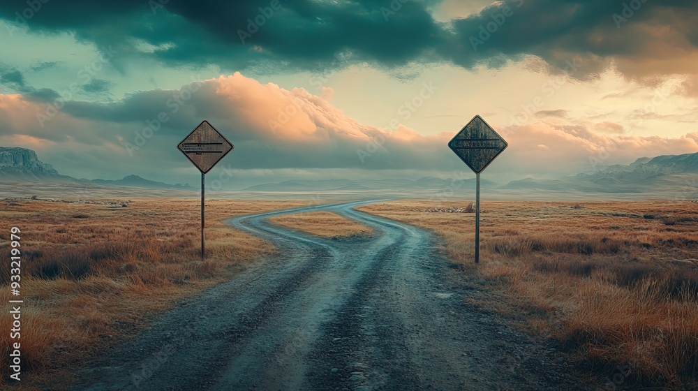 Surreal landscape with a split road and signpost arrows showing two ...