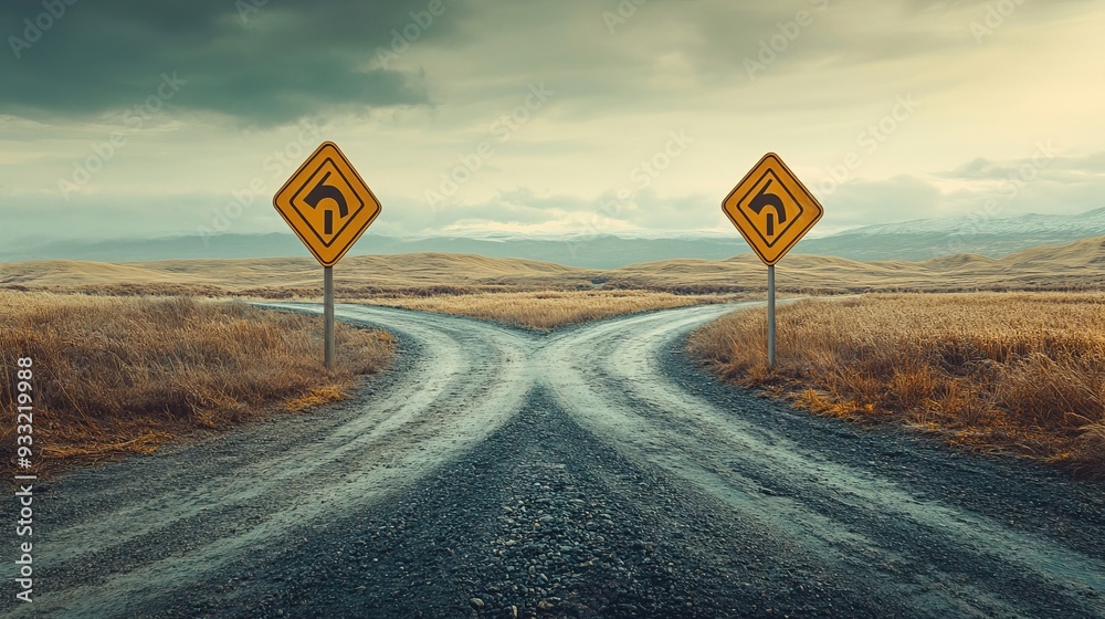 Surreal landscape with a split road and signpost arrows showing two ...