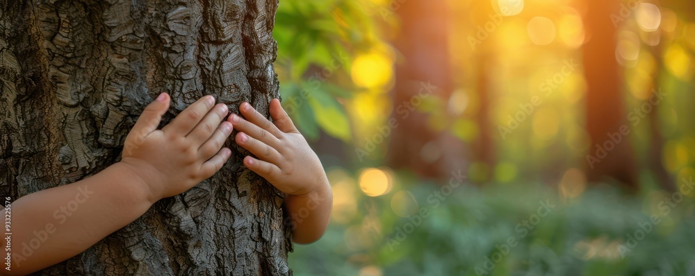 Child’s hands hugging a tree, expressing love for nature and connection ...