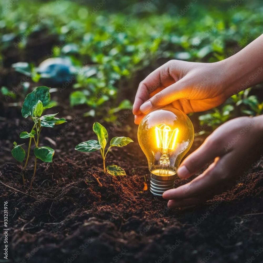 Renewable Energy Concept: Green Lightbulb Protecting Forest Growth. Eco ...