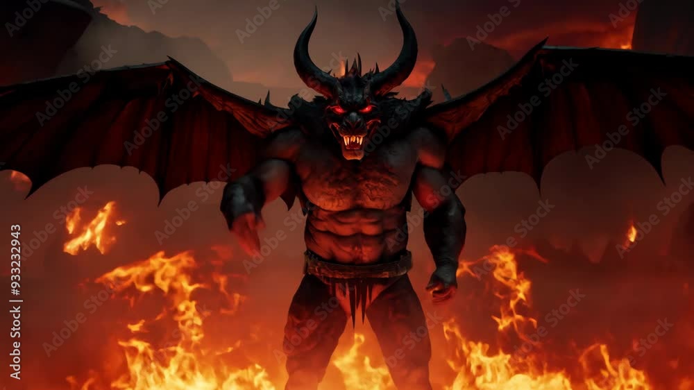 Evil muscular demon with horns, sharp teeth, wings looks at camera ...