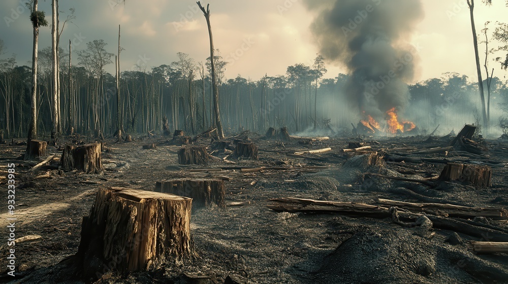 Forest devastated by illegal logging with tree stumps and smoke ...