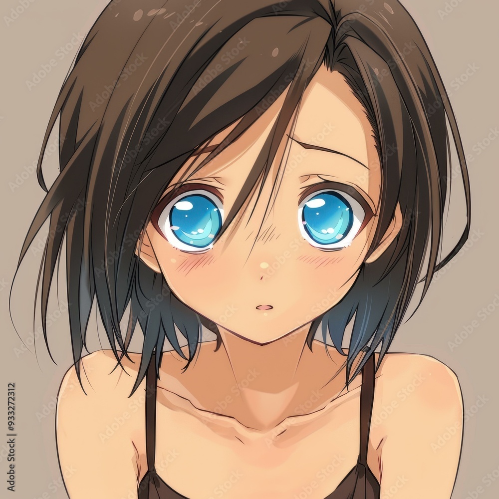 A shy teen girl with short brown hair and big blue eyes, perfect for an ...