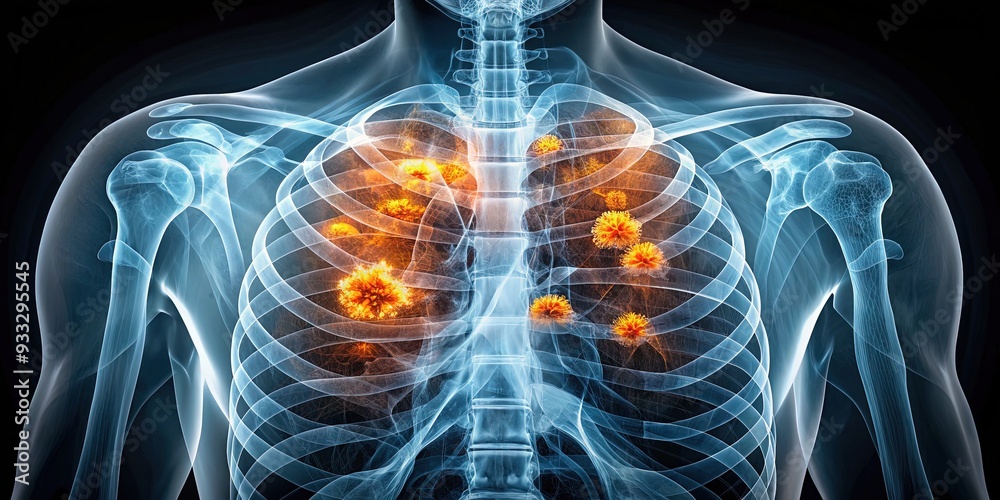 A chest X-ray image shows lungs with severe pneumonia, a common ...