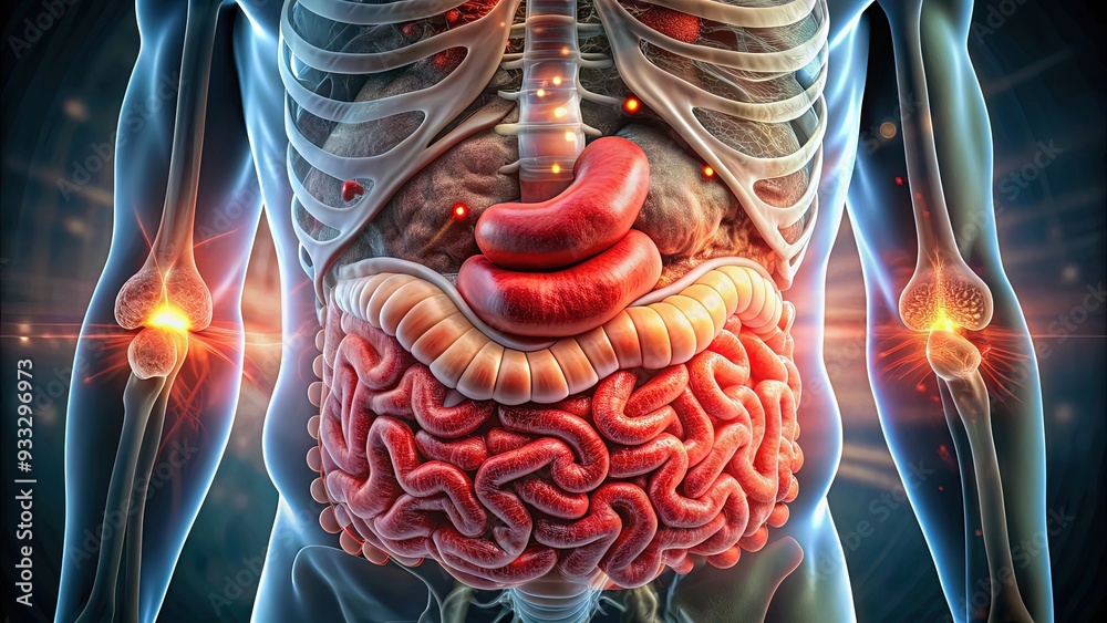 A close-up of a distressed stomach with inflamed red intestines ...
